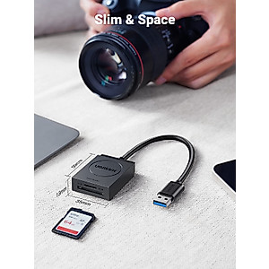 UGREEN SD Card Reader USB 3.0 Dual Slot Flash Memory Card Reader TF SD Micro SD SDXC SDHC MMC RS-MMC Micro SDXC Micro SDHC UHS-I for Mac Windows Linux Chrome Read 2 Cards Simultaneously