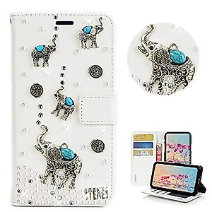 STENES Bling Wallet Phone Case Compatible with Samsung Galaxy Z Fold 2 5G - Stylish - 3D Handmade Retro Elephant Glitter Wallet Leather Cover with Neck Strap Lanyard & Screen Protector - White