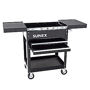 Sunex 8035 Black Compact Slide Utility Cart, Locking Slide Top, Swivel/Locking Casters, 18 Gauge Steel, Latching Drawers, 450-Pound Capacity