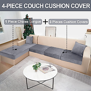 BT.WA Sectional Couch Covers for 4-Piece Seat Cushion Velvet Separate L Shape Couch Cover Stretch Sofa Slipcover with 2 Pieces Pillowcases Furniture Protector (Sofa 3 Seater + 1 Chaise, Dark Grey)