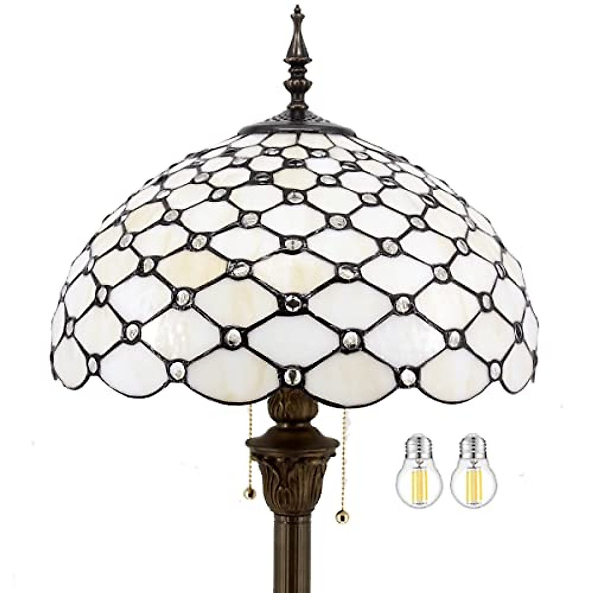 WERFACTORY Tiffany Floor Lamp Cream Amber Stained Glass Bead Standing Reading Light 16X16X64 Inches Antique Pole Corner Lamp Decor Bedroom Living Room Home Office (LED Bulb Included) S005 Series