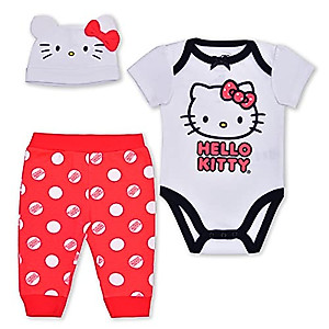 Hello Kitty Baby Girls 2 Piece Red Polka Dot Print Creeper, Pants, and Hat with Ears 3 Piece Set for Newborn and Infants