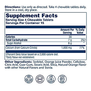 Solaray Calcium Citrate 1000 mg, Natural Orange Flavor Chelated Calcium Supplement for Bone Strength, Teeth, Nerve, Muscle, and Heart Function Support, 60-Day Guarantee, 15 Servings, 60 Chewables