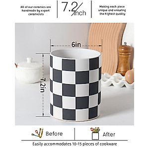 Swkien Utensil Holder，7.2 Inch Checkered Utensil Holder, Ceramic Cooking Utensil Spoon/Spatula Holder for Countertop, Kitchen Decor and Accessories for counte(Black)