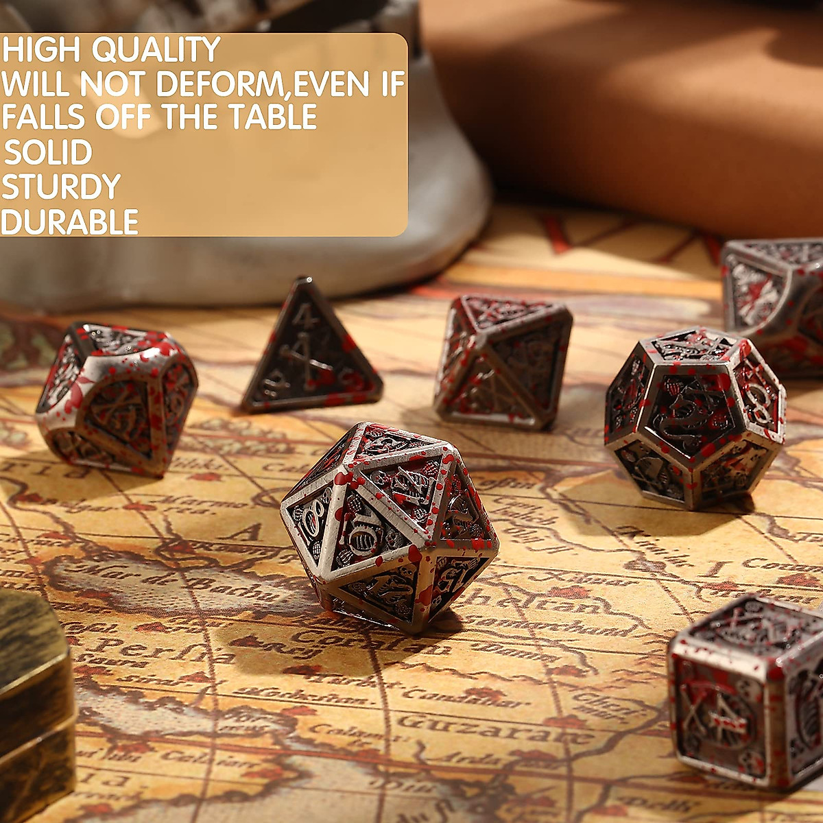 Halloween Dice Set Bloodstained Metal Polyhedral Gaming Dice Set Engraved Skeleton Dice for Tabletop Role Playing Games Dungeons and Dragons