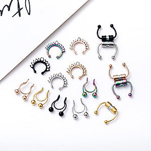 REVOLIA 15 Pcs Fake Nose Rings Hoop Stainless Steel Fake Septum Ring Faux Non-Pierced Clip On Nose Hoop 5C