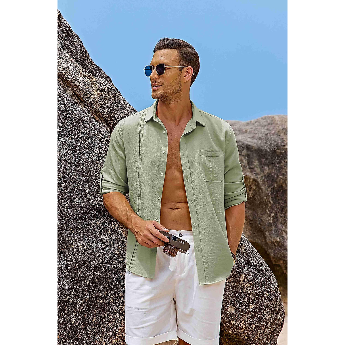 COOFANDY Guayabera Shirts for Men Long Sleeve Linen Cuban Shirts for Men Casual Button Down Shirts Beach Shirts Light Green