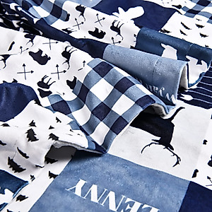 Woodland Deer Personalized Minky Fleece Baby Blanket with Name, Custom Deer Bear Baby Blankets for Boys Kids, Birthday Gifts, Deer Blankets for Infant Newborn, Soft and Warm Navy Blue Blanket