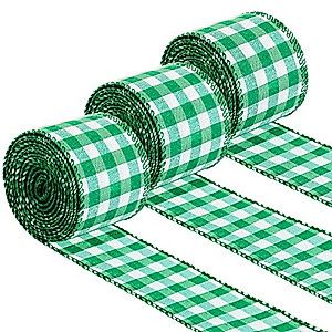 3 Rolls St. Patrick's Day Buffalo Plaid Ribbon Green and White Wired Edge Ribbon St. Patrick's Day Check Burlap Ribbon for Wrapping, Crafts Decoration, 2 Inch x 6.6 Yard (Green and White)