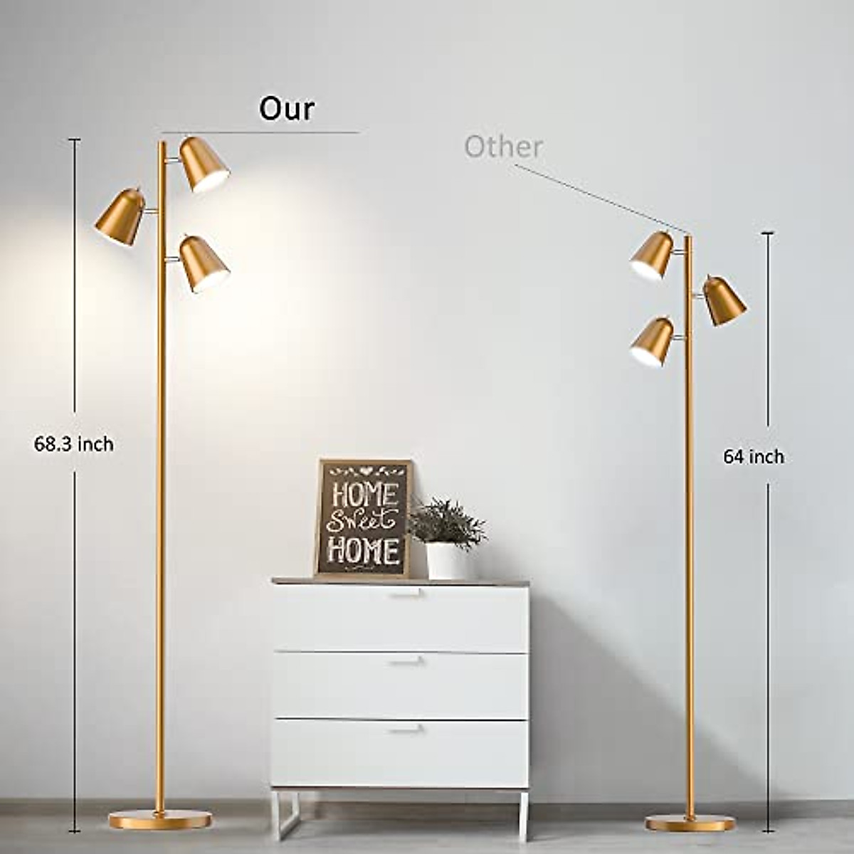 PAZZO Floor Lamp, 3pcs 8W LED Standing Tall Lamp,Tree Floor Lamp with 3 Adjustable Rotating Lights Industrial Floor Lamp for Living Room, Bedroom,Office,Gold