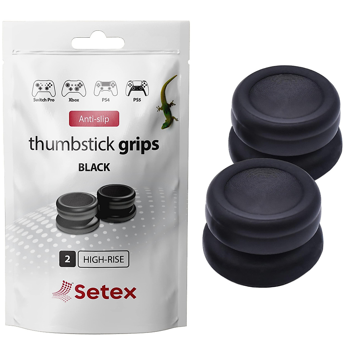 Setex Gecko Grip, 2 High Rise Thumbstick Grip Covers, for PlayStation PS5, PS4, Xbox One, Switch Pro, Steam Deck, Anti-Slip Microstructured Analog Stick Thumb Grips, Black, Covers Only