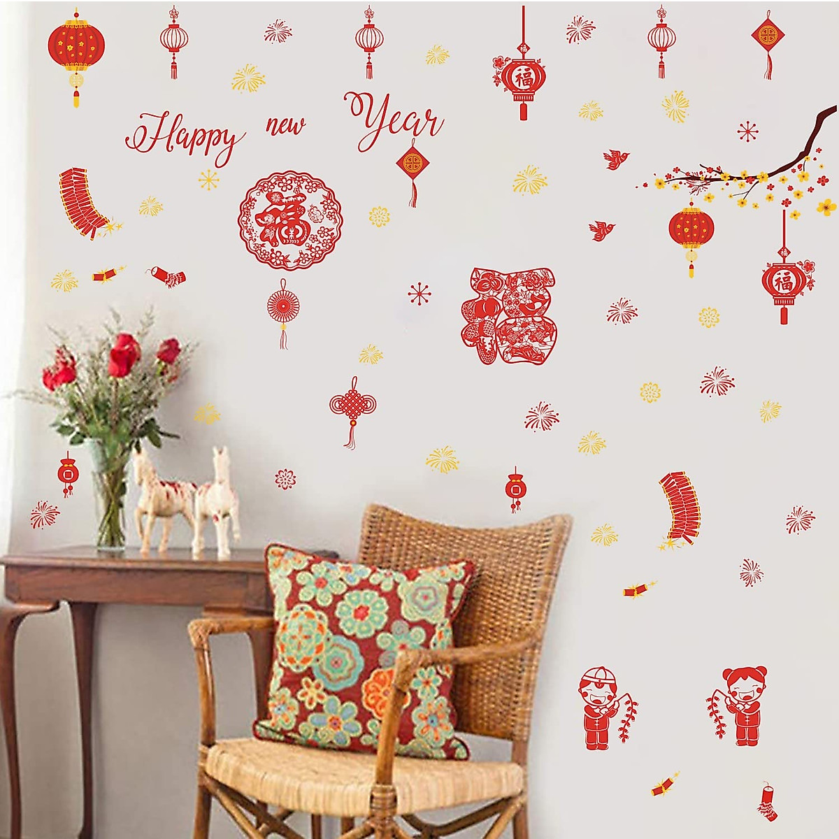 IARTTOP Chinese New Year Wall Decal, Spring Festival Wall Sticker, Fu Character Lantern Fireworks Red Sticker for Window Cling Living Room Decor,Happy New Year Supplies