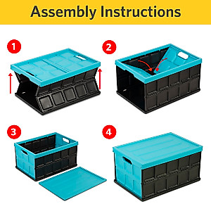 Glad Collapsible Storage Bin with Lid - 48L Foldable Plastic Box for Garage, Car Trunk, and Organization - Stackable Lidded Container with Handles, Turquoise