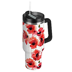 Yasala Car Tumbler with Handle Poppy Watercolor Travel Mug Coffee Cup Insulated Beverage Container Mega Cup for Hot Cold Drinking Thermos Water Bottle Cupholder Friendly 40 oz