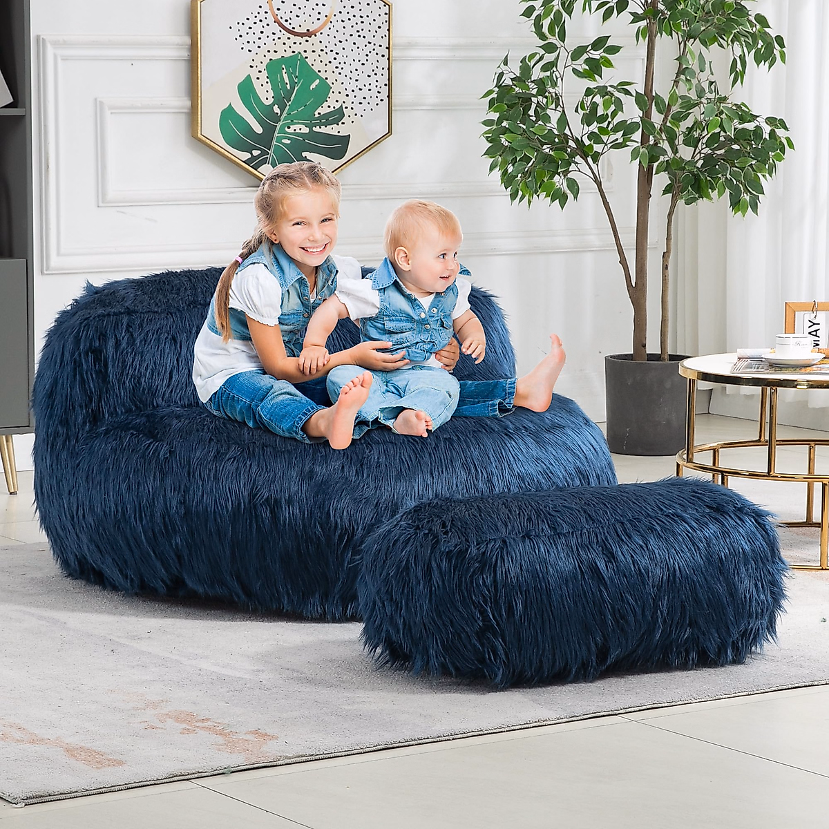 PEIHONGET Bean Bag Chair with Foot Rest,Plush Single Gaming Sofa Chair with Footstool,Lazy Round Recliner Chair Couch with Ottoman and Oversized High Back,for Bedroom,Living Room,Playroom (Navy)