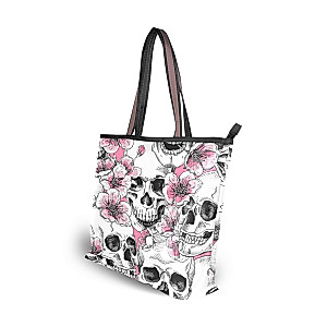 QMXO Sugar Skull Floral Flowers Pink Handbags and Purse for Women Tote Bag Large Capacity Top Handle Shopper Shoulder Bag