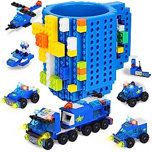 MIMAX Build-on Brick Mug with 180+ Pieces Building Blocks Toys Set for Kids Birthday (Blue-Upgrade)