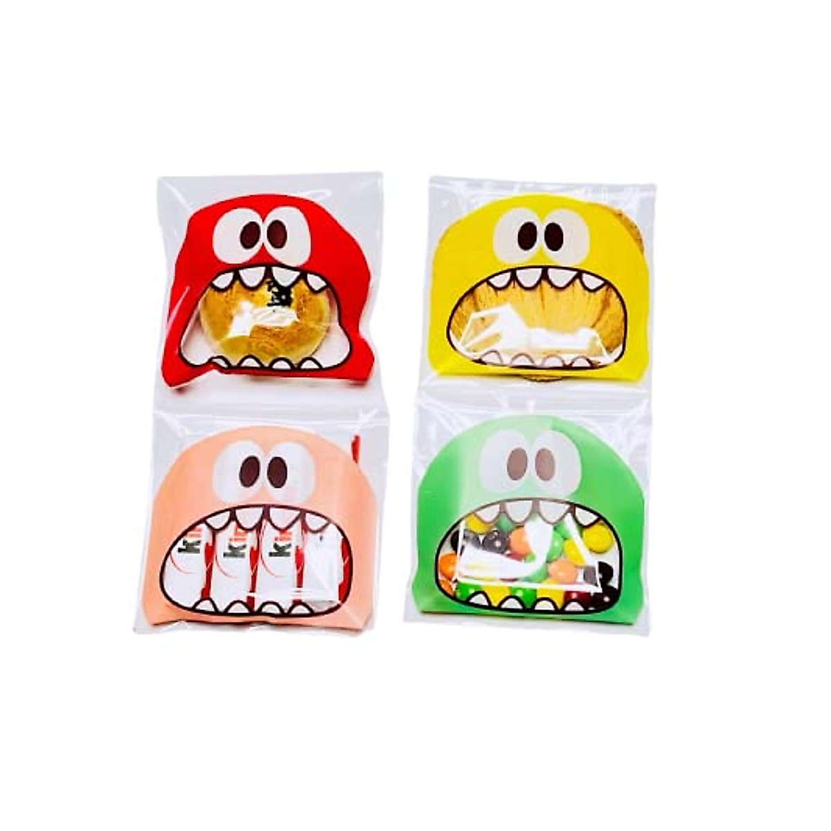 Alvene 400pcs Cookie Bags, Big Mouth Monster Self Adhesive Bags,4 x 4 Inch Flat Cellophane Goody Bags, DIY For Kids Party Favor, Candies Cookies And Chocolates (Four Colours)