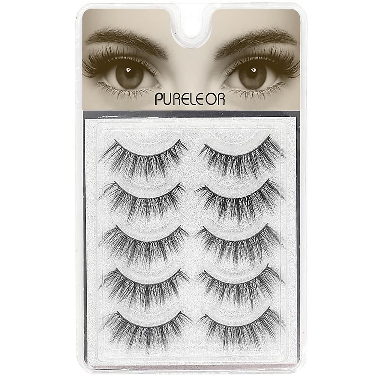 PURELEOR Natural Look Eyelashes 3D Mink Cat Eye Lash Wispies 15mm Manga Lashes 5 Pairs Soft Reusable False Eyelashes Lightweight, No Glue Included