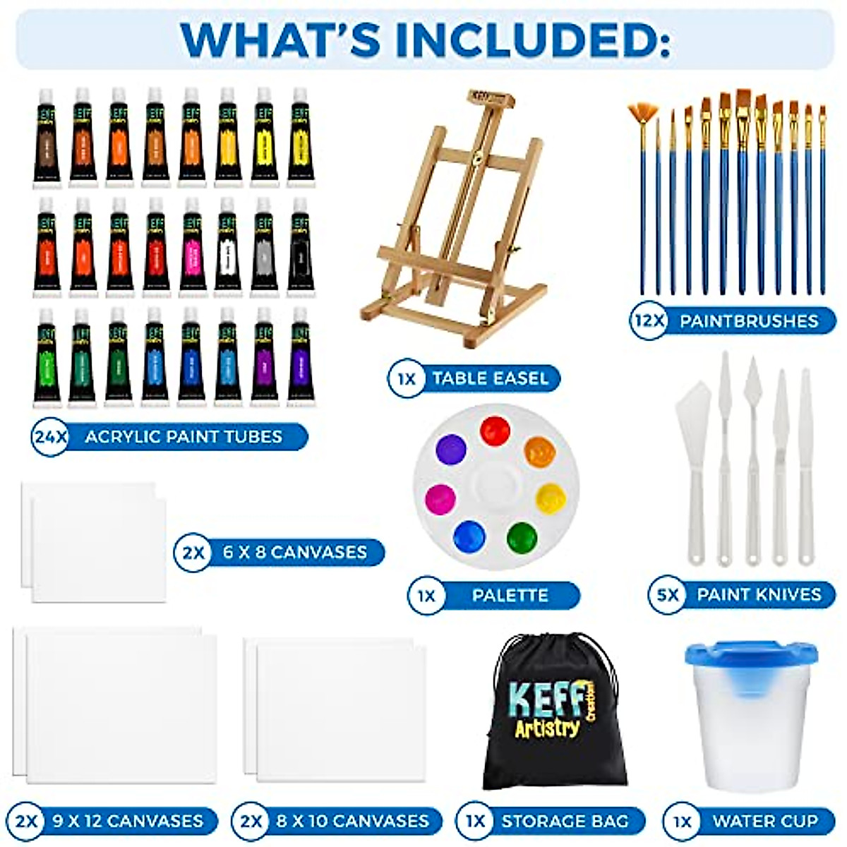 KEFF Acrylic Paint Set for Adults - Art Painting Supplies Kit with Tabletop Easel, Brushes, Canvas, Acrylic, Palette, Paint Knives & Cup for Professional & Beginners