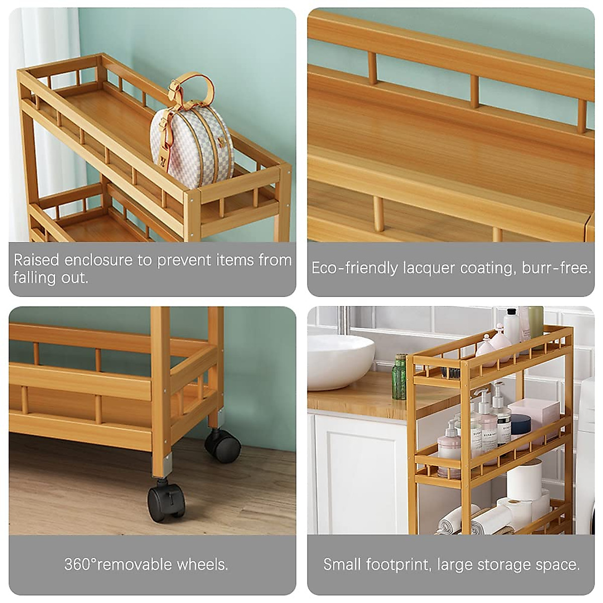 LZYMSZ Bamboo 4-Tier Kitchen Storage Carts with Wheels, Lockable Slim Bathroom Organizer Laundry Room Organizer, Easy Assemble Rolling Cart Storage Shelf for Narrow Places (23.6 x 7 x 37.8inch)