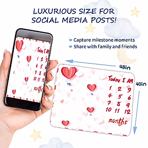 FHZON Red Heart Balloon Baby Monthly Milestone Blanket Unisex, Clouds Month and Age Blanket, 48x40in Soft Flannel, White Monthly Newborn Gift Baby Photo Blanket BTXFFH21