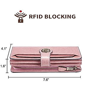 Travelambo Womens Wallet Large Capacity RFID Blocking Genuine Leather Wristlet Wallets(Pink)