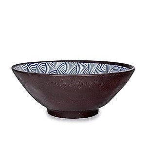 Needzo Brown and Blue Seigaiha Pattern Japanese Melamine Bowl, Serving Bowls for Soup, Ramen, Cereal, and more, Cute Kitchenware, 8.25 Inches