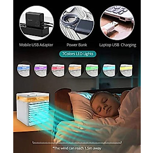 Hua Sheng Portable air conditioner, personal air cooler, 3-speed 7-color night light, mini air conditioner, table fan in room and office, air humidifier, air cooler with USB cable