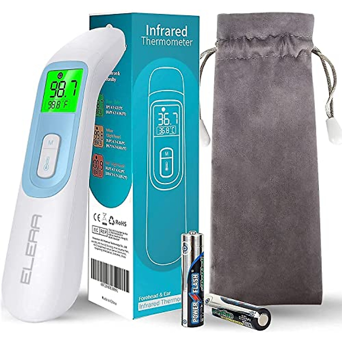 Ear Thermometer for Baby, ELERA Infrared Thermometer with Automatic Switching Mode of Ear & Forehead, 1s Measurement, 4 Color Backlight Display with Fever Indicator