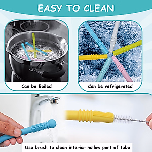 M. Emami Baby Teething Toy - Pack of 6 Hollow Teething Sticks with 2 Cleaning Brushes - 100% Food Grade Silicone, BPA Free, and Dishwasher Safe - 6 Vibrant Colors for 6-18 Months Babies