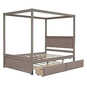 WADRI Modern Full Size Canopy Platform Bed with 2 Drawers and Trundle Bed, Wood Canopy Platform Bed with Support Slat, 4-Post Canopy Platform Bed Frame for Kids Teens Adult, No Box Spring Needed