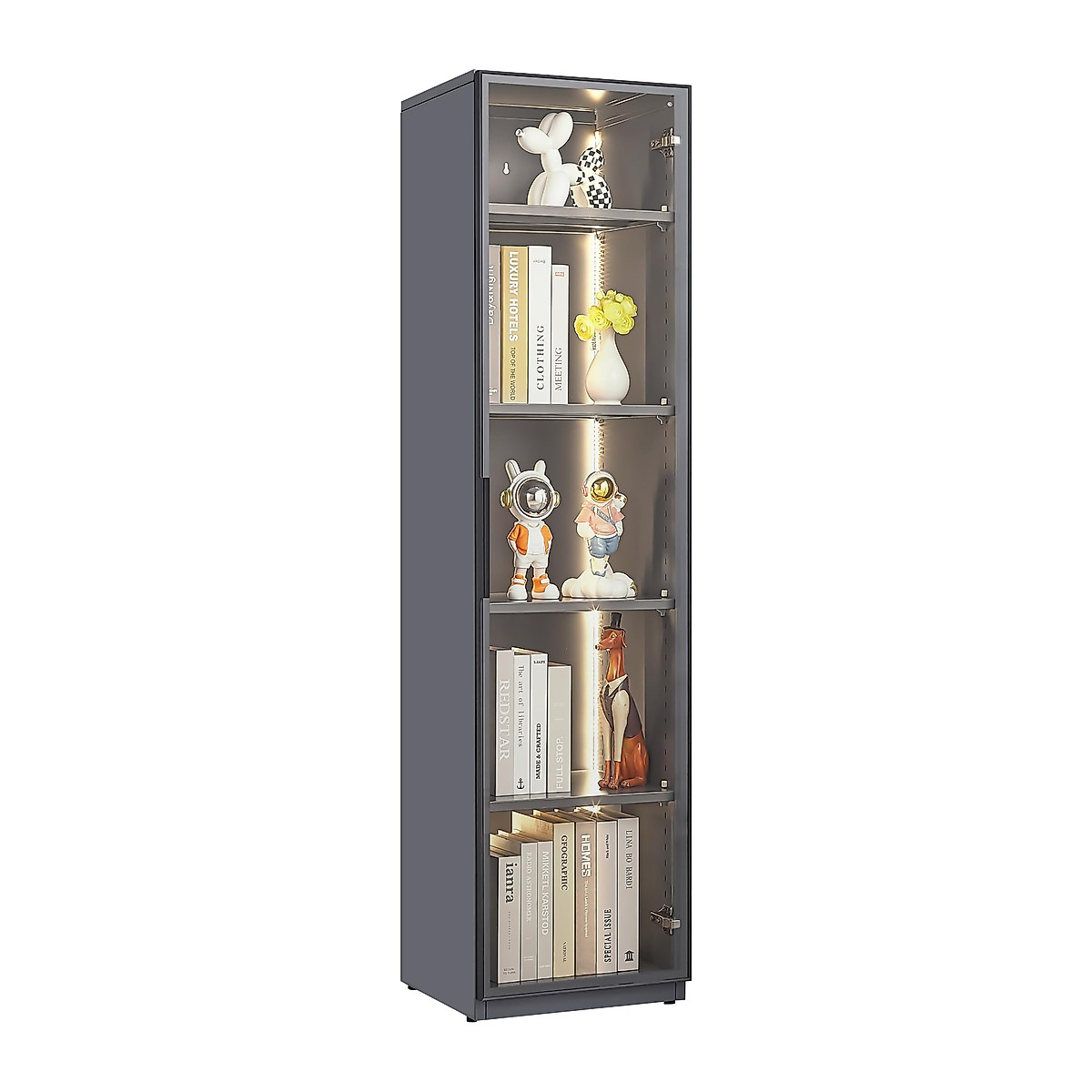 Holaki Display Cabinet with Glass Doors and Lights, 63" Tall Bookcase,5-Tier Storage Shelves, Single Door Metal Storage Cabinet,Trophy Case Display Cabinet for Collectibles,Display Case Cabinet,Grey