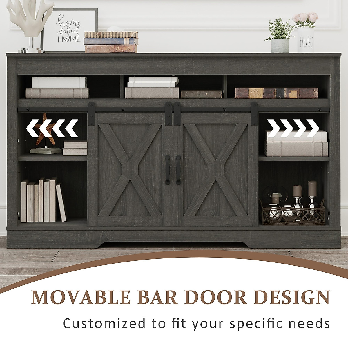 FansaFurn Farmhouse TV Stand for 65+ Inch TV, 34'' Tall Entertainment Center with Sliding Barn Doors, Rustic Wood Media Console Storage Cabinet Television Stand for Living Room, Bedroom (Dark Grey)