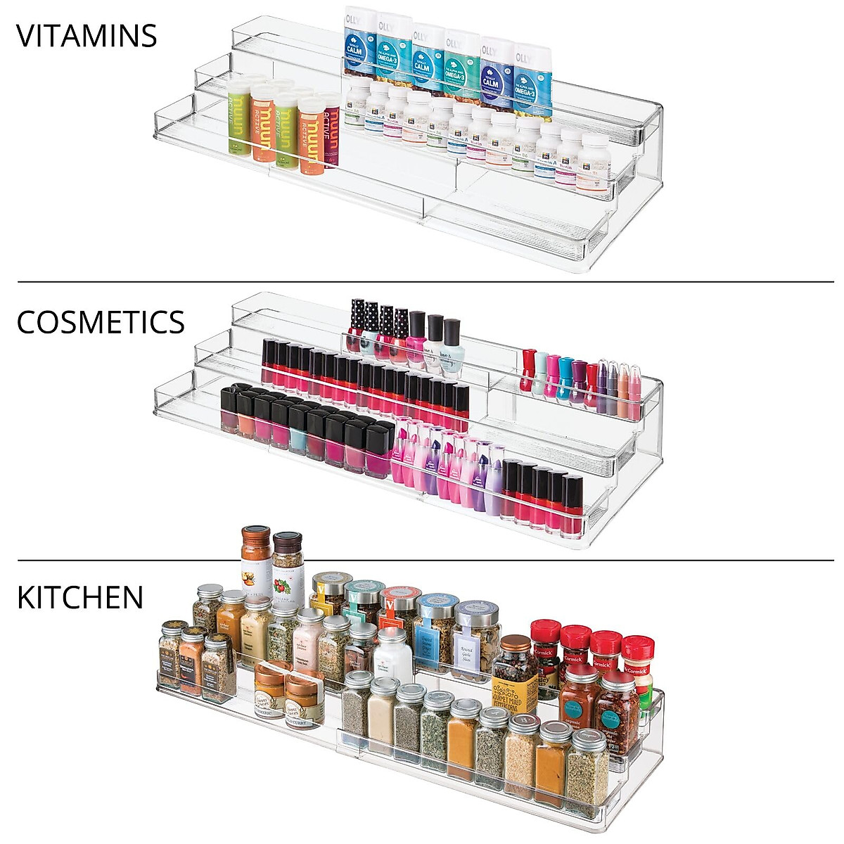 mDesign Plastic Shelf Adjustable & Expandable Spice Rack Organizer with 3 Tiers of Storage for Kitchen, Cabinet, Pantry Organization - Holds Spice Bottles, Seasonings - Ligne Collection, 2 Pack, Clear