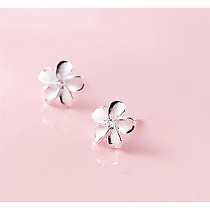 Reffeer Solid 925 Sterling Silver Plumeria Flower Stud Earrings for Women Teen Girls Crystal Flower Stud Earrings (A-Silver)