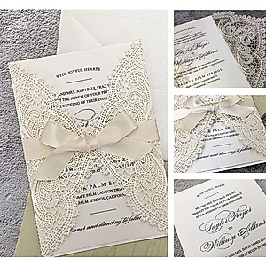 Picky Bride 25pcs 5x7 Wedding Invitations with Envelopes, Laser Cut Lace Hollow with Elegant Ribbons, for Wedding Bridal Shower Engagement Birthday Party Invite, Ivory