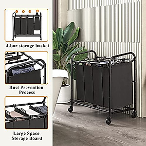 Wisdom Star 4 Bag Laundry Sorter Cart, Laundry Hamper Sorter with Heavy Duty Rolling Wheels and Removable Bags for Clothes Storage,Laundry Organizer Laundry Basket Laundry Clothes Hamper, Black