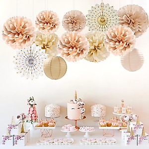 Beige-Champagne Gold White-Peach Boho Party-Decorations - 20pcs Neutral Baby Shower Rustic Wedding Paper Lanterns Fans,Tissue Pom Poms,Honeycomb Balls,Bunting,Birthday Bridal Decor Burgleda