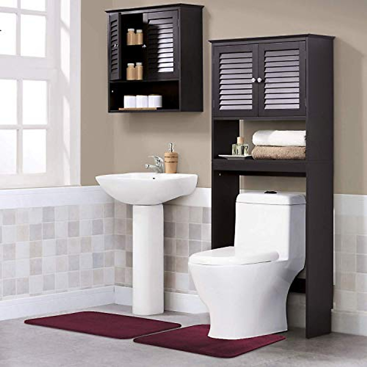 AOACreations Memory Foam Bath Rug, Bathroom Mat Set of 3, Soft, Plush, Absorbent, Low Pile, Includes 1 Large 20" x 32", 1 Contour 20" x 20", 1 Small 16" x 24" (Burgundy)