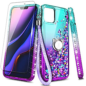 NGB Compatible with iPhone 12 Mini Case with Tempered Glass Screen Protector, Ring Holder/Wrist Strap, Girls Women Liquid Bling Sparkle Floating Glitter Cute Phone Case (Aqua/Purple)