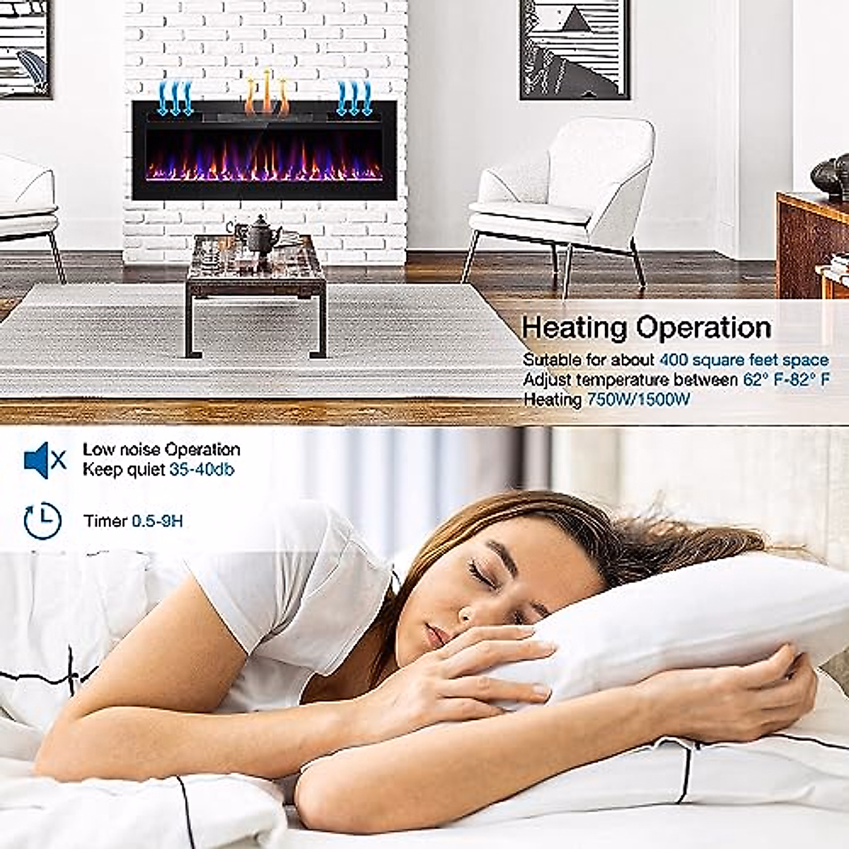 50 Inch Electric Fireplace Recessed and Wall Mounted, Fireplace Heater and Linear Fireplace, Ultra-Thin Electric Fireplace, Low Noise, with Timer, Remote Control, Adjustable 12 Flame Color, 750/1500W