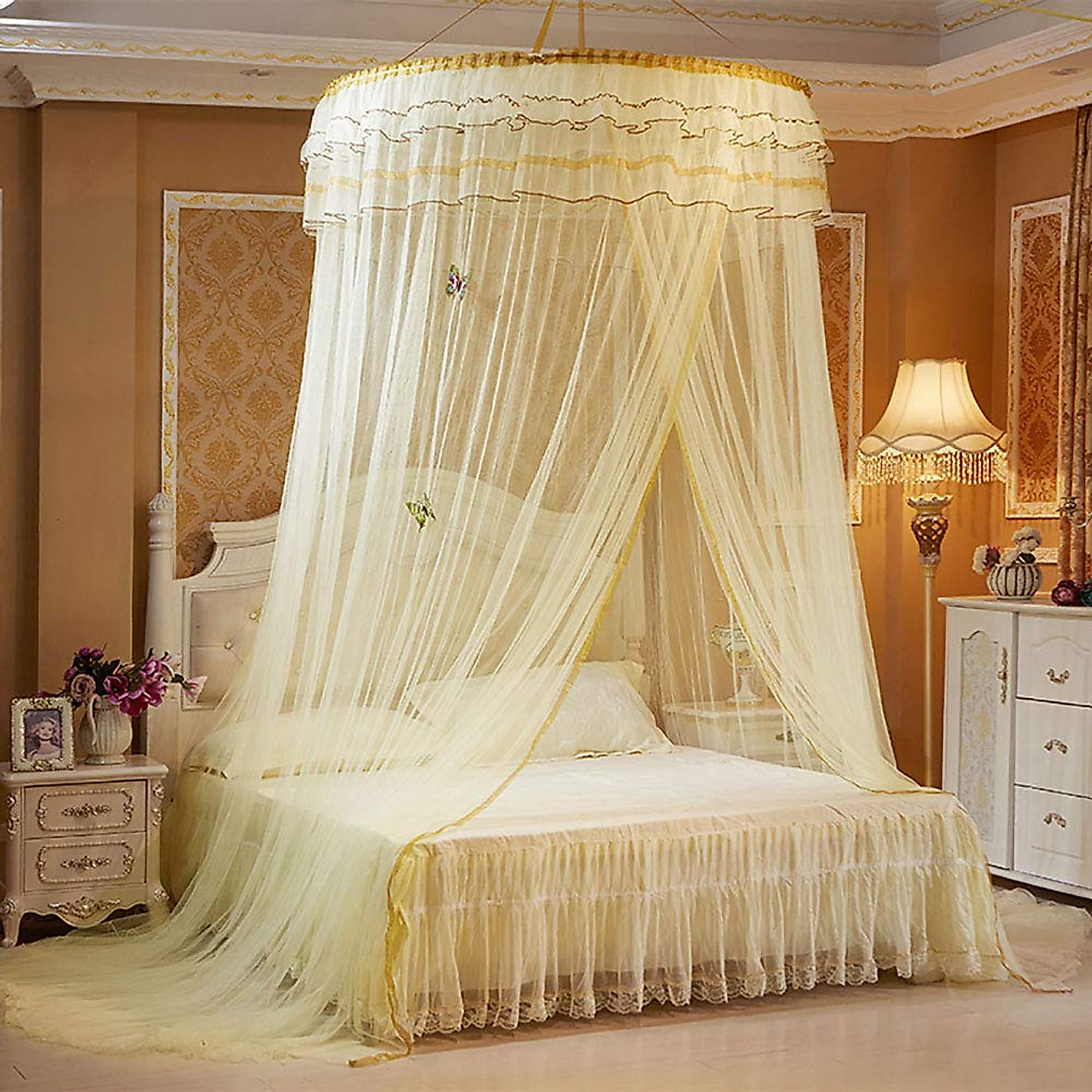 Princess Lace Style Mosquito Net, Foldable Round Bed Canopy, Bed Canopy, for Children Girls Baby Kids(Beige)
