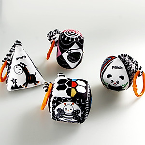 KAKIBLIN Baby Hanging Rattle Toys, 4 Pack Black and White Car Seat Baby Toys Soft Squeaky Stroller Toy for Baby Montessori Sensory Toys 0-12 Months for Newborn Infant, White and Black