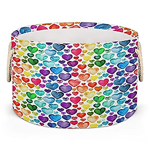 Multicolored Rainbow Hearts Large Round Baskets for Storage Laundry Baskets with Handles Blanket Storage Basket for Bathroom Shelves Bins for Organizing Nursery Hamper Girl Boy