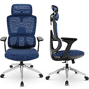 Dripex Ergonomic Office Chair Mesh Computer Desk Chairs with Lumbar Support/Adjustable Headrest/Cushioned Seat/Breathable High Back/Wheels Arms, Swivel Rolling Task Chair for Home Office (Blue)