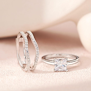 SHELOVES Solitaire Princess CZ Engagement Rings Set Wedding Band Guard Ring Enhancers Sterling Silver Sz 7