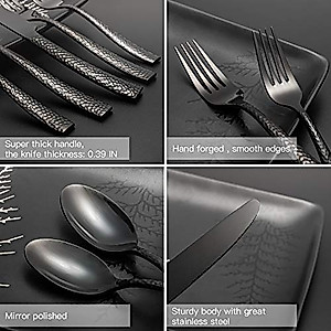 Kelenfer Flatware Set 20 Piece Black Stainless Steel Cutlery Set Forged with Hammered Handle Service for 4