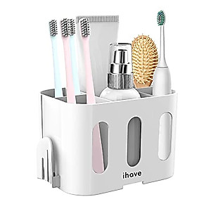 iHave Toothbrush Holders for Bathrooms, Tooth Brush Holder Bathroom Organizer Countertop, Electric Tooth Brushing Holder with 5 Slots and 2 Hanging Holes