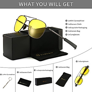 SUNGAIT Men’s Night Vision Driving Glasses Military Style Pilot Aviator eyewear (Night Lens/Gunmetal Frame) A285QKYS